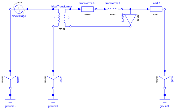 Modelica: Electrical.Polyphase.Examples.TransformerYD